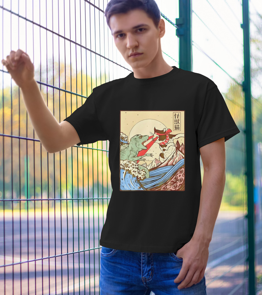 Japanese Great Wave Cat Vs Monster Classic Kaiju T-Shirt