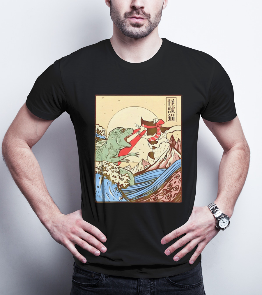 Japanese Great Wave Cat Vs Monster Classic Kaiju T-Shirt