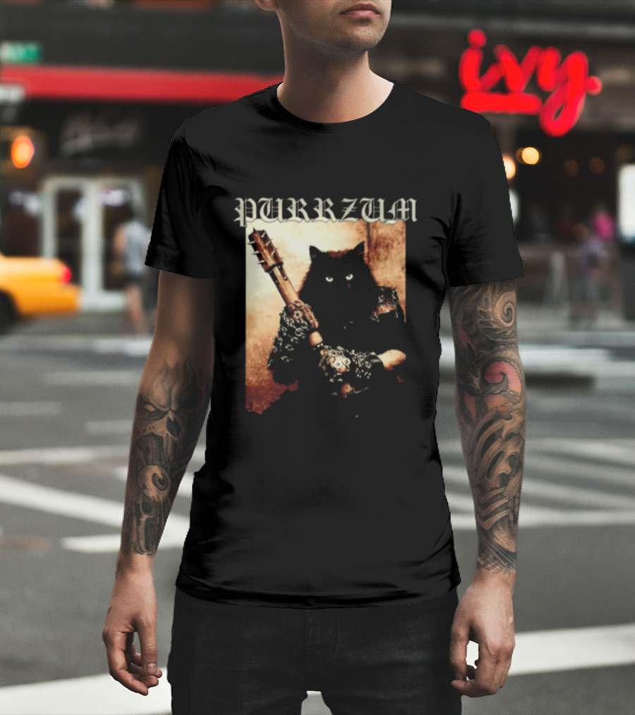 Purrzum Cat Black Metal Aesthetic Feline Holding Guitar T-Shirt