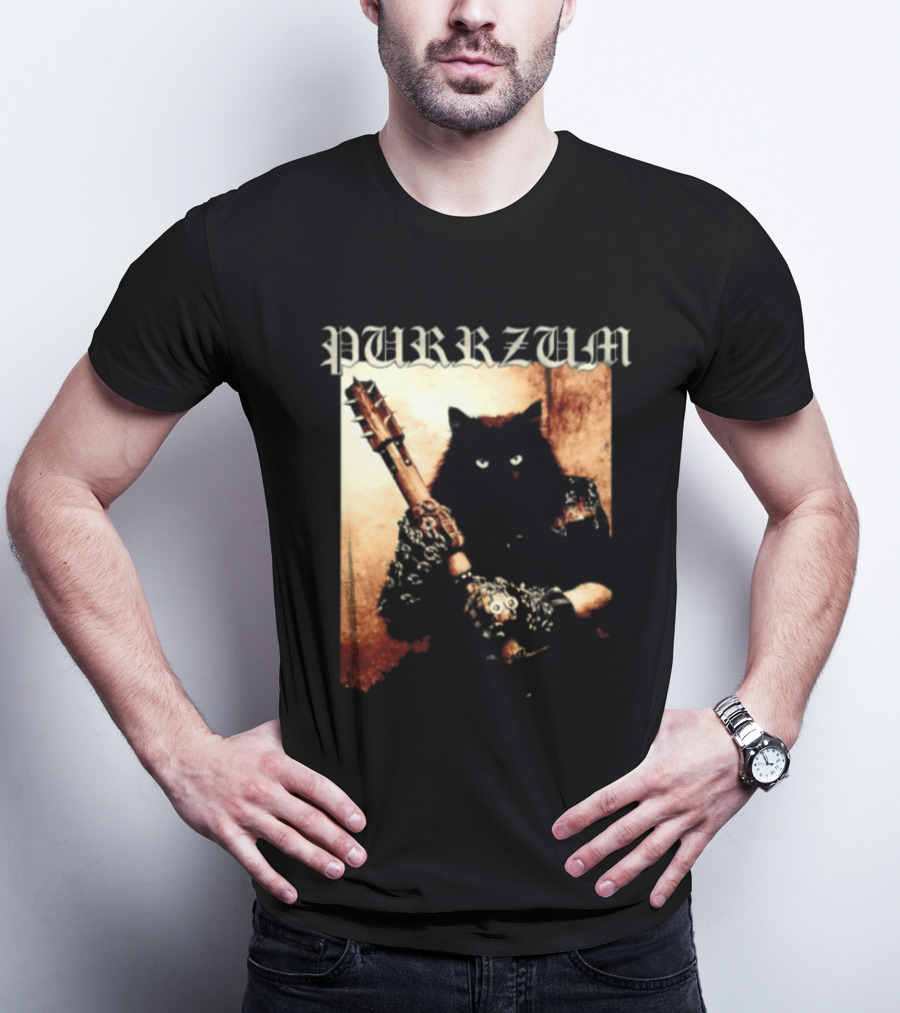 Purrzum Cat Black Metal Aesthetic Feline Holding Guitar T-Shirt