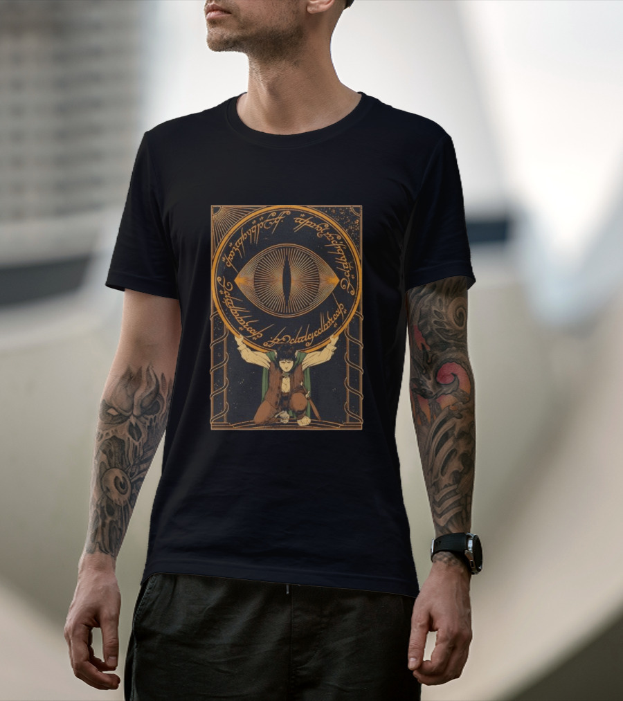 Frodo Baggins Carrying The Eye Of Sauron With Elvish Script Lord Of The Rings T-Shirt