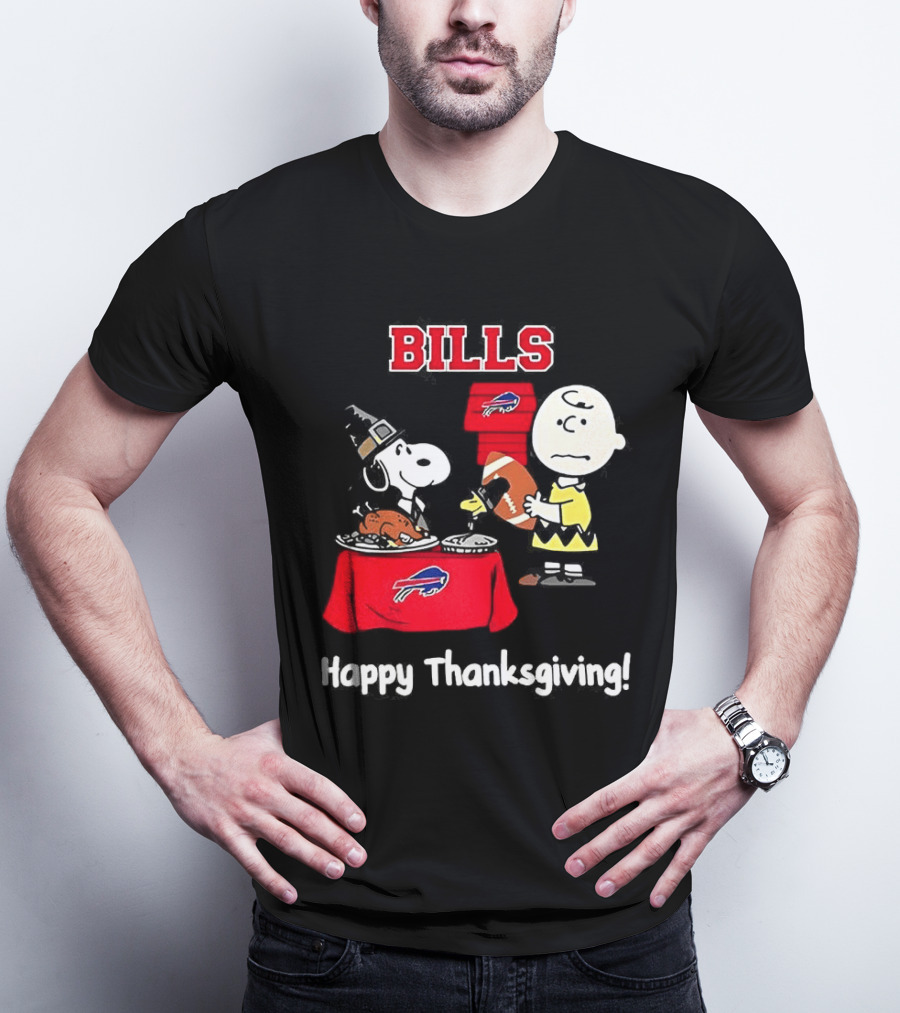 Snoopy And Charlie Brown Celebrate Buffalo Bills Happy Thanksgiving T-Shirt