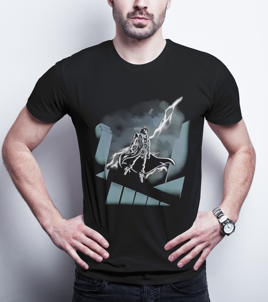 Spider Man Noir X Batman The Animated Series Noir Crossover With Light Burst And Gotham City Skyline T-Shirt