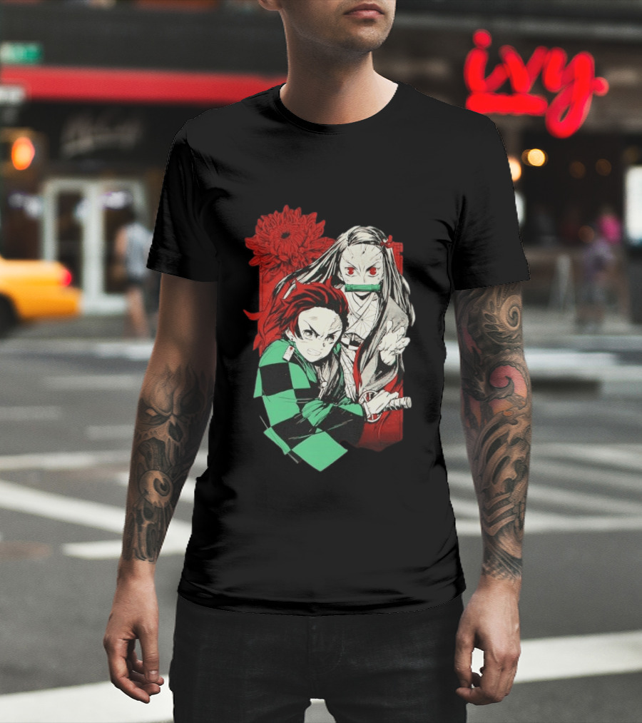 Tanjiro And Nezuko Demon Slayer Manga Red Flower T-Shirt
