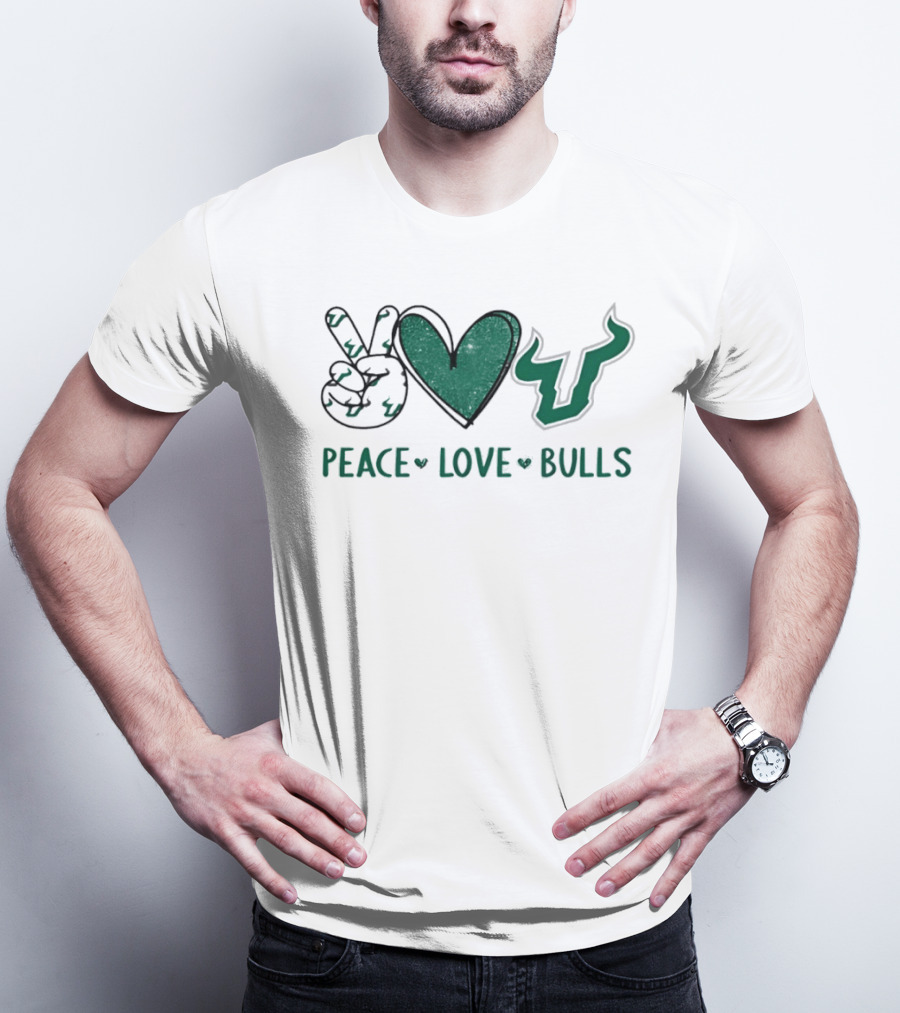 South Florida Bulls Football Peace Love Bulls Heart Sign T-Shirt