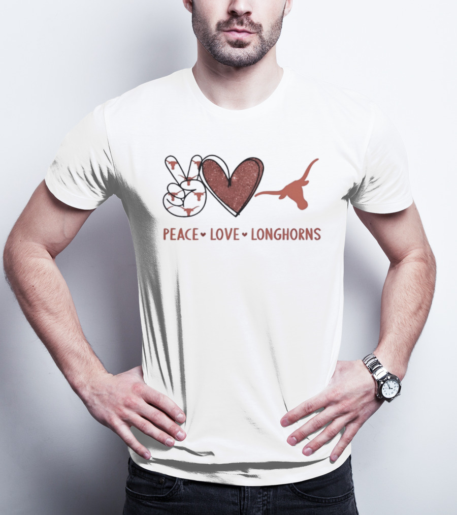 Peace Love Longhorns Hand Sign Heart Shape Texas Longhorns T-Shirt