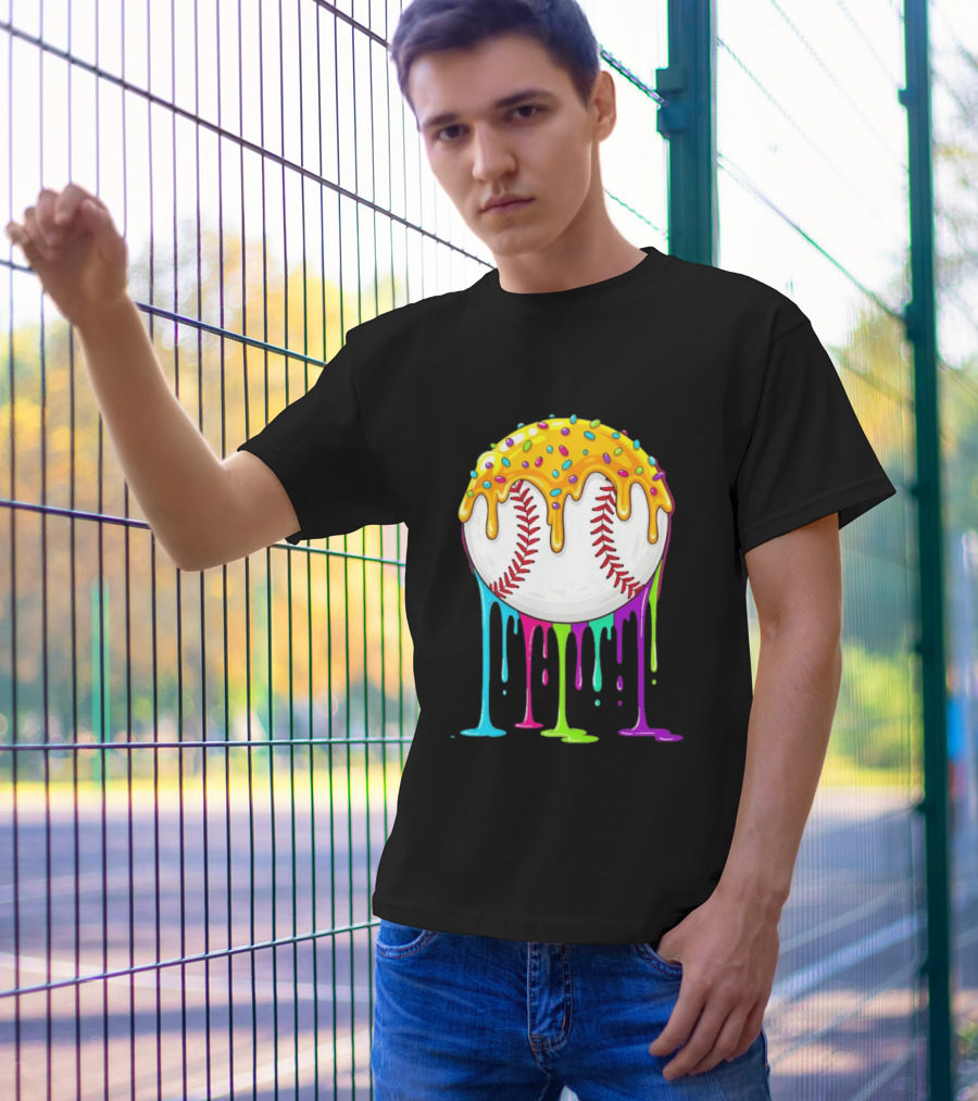 Baseball Dripping Icing Candy Sprinkles Rainbow T-Shirt