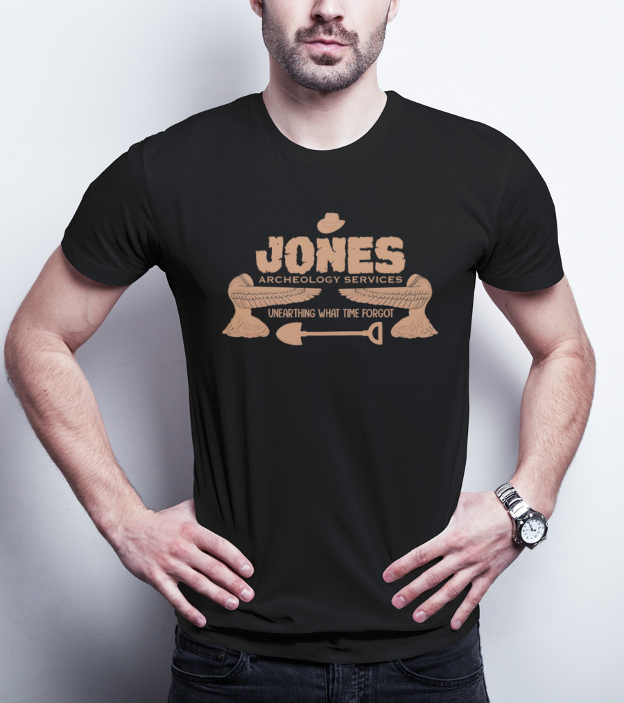 Jones Archaeology Services Unearthing What Time Forgot Adventure Shovel Winged Hat T-Shirt