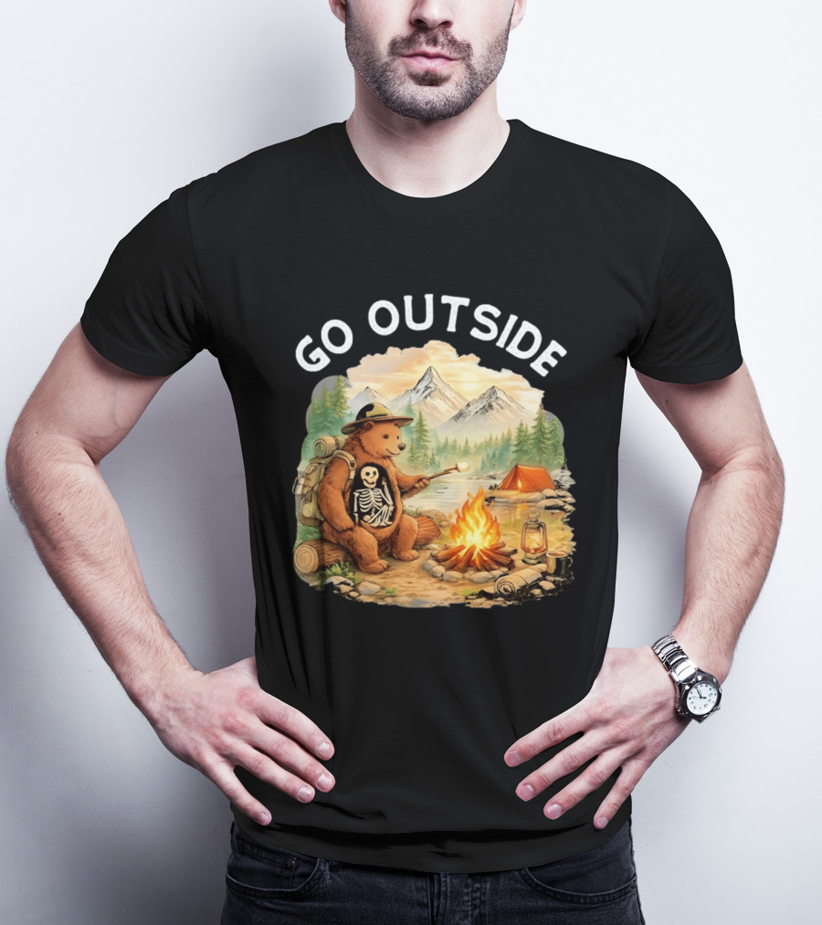 Hiking Bear Campfire Skeleton Inside Bear's Stomach Go Outside T-Shirt