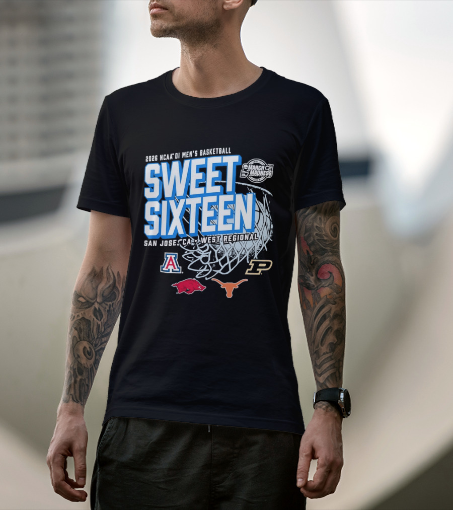 2026 NCAA DI Men's Basketball Sweet Sixteen San Jose West Regional Arizona Arkansas Texas Purdue Logos T-Shirt