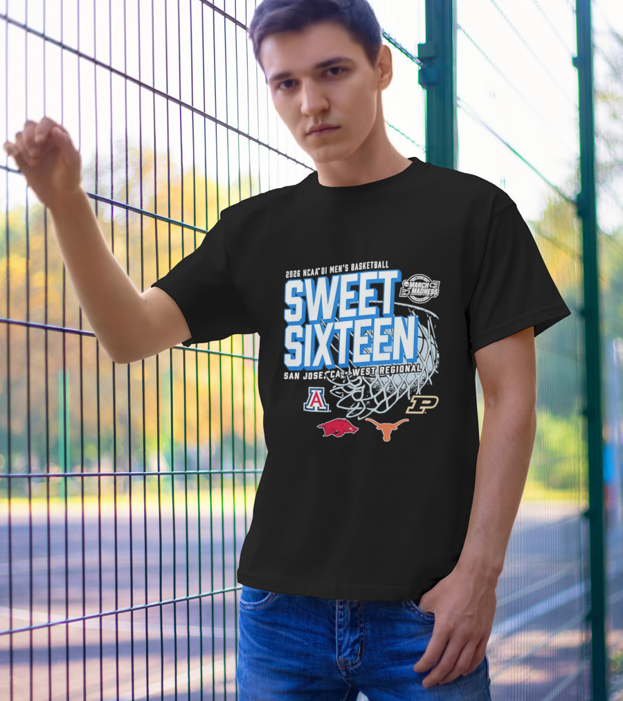 2026 NCAA DI Men's Basketball Sweet Sixteen San Jose West Regional Arizona Arkansas Texas Purdue Logos T-Shirt