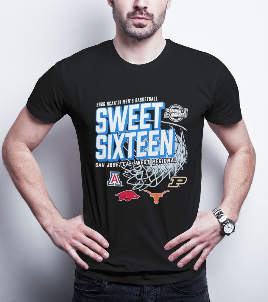 2026 NCAA DI Men's Basketball Sweet Sixteen San Jose West Regional Arizona Arkansas Texas Purdue Logos T-Shirt