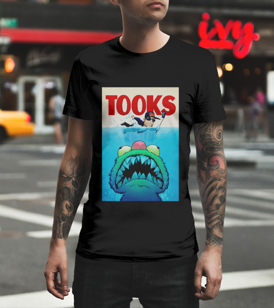 TOOKS Cartoon Giant Monster Inspired By Jaws With Diver And Cap T-Shirt