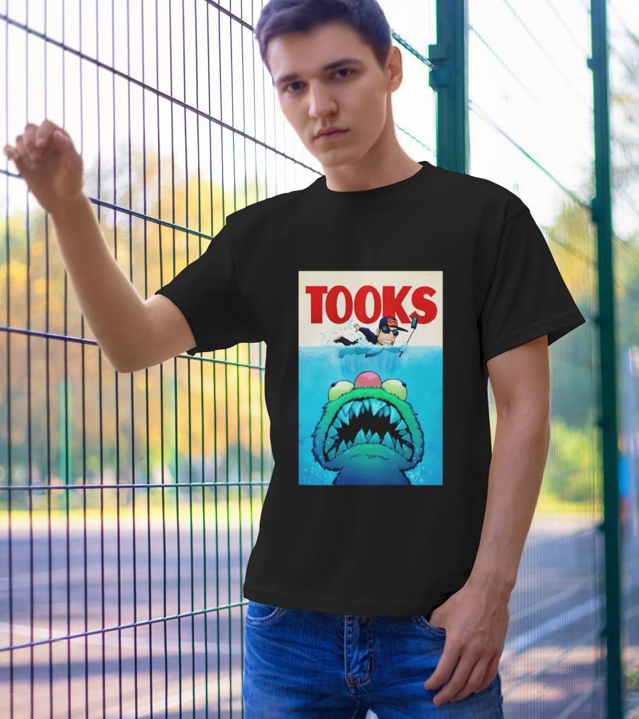TOOKS Cartoon Giant Monster Inspired By Jaws With Diver And Cap T-Shirt