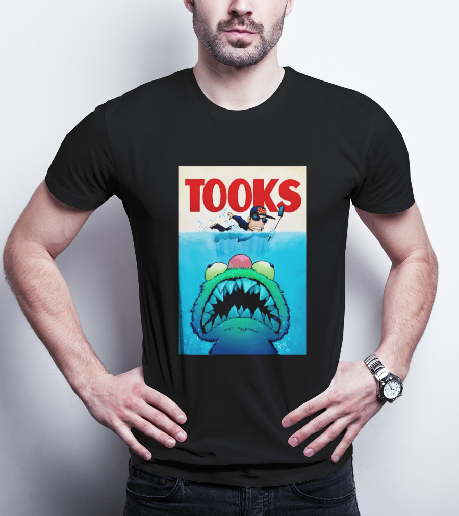 TOOKS Cartoon Giant Monster Inspired By Jaws With Diver And Cap T-Shirt