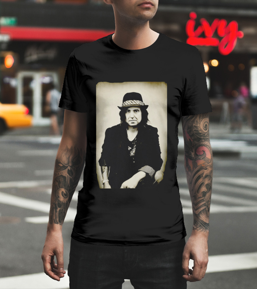 Phil Campbell Vintage Style Portrait Wearing Hat T-Shirt