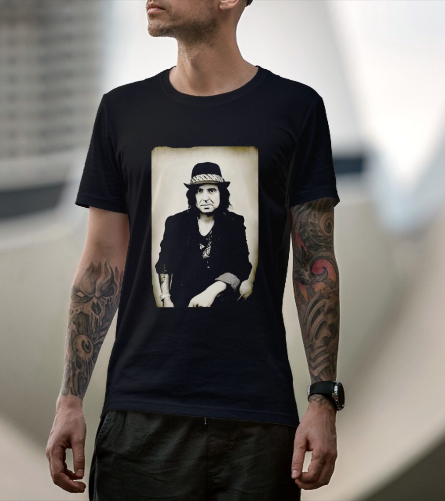 Phil Campbell Vintage Style Portrait Wearing Hat T-Shirt