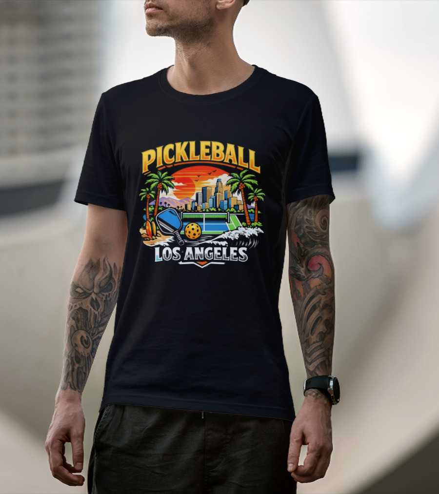 Los Angeles Pickleball City Skyline Sunset Palm Trees T-Shirt