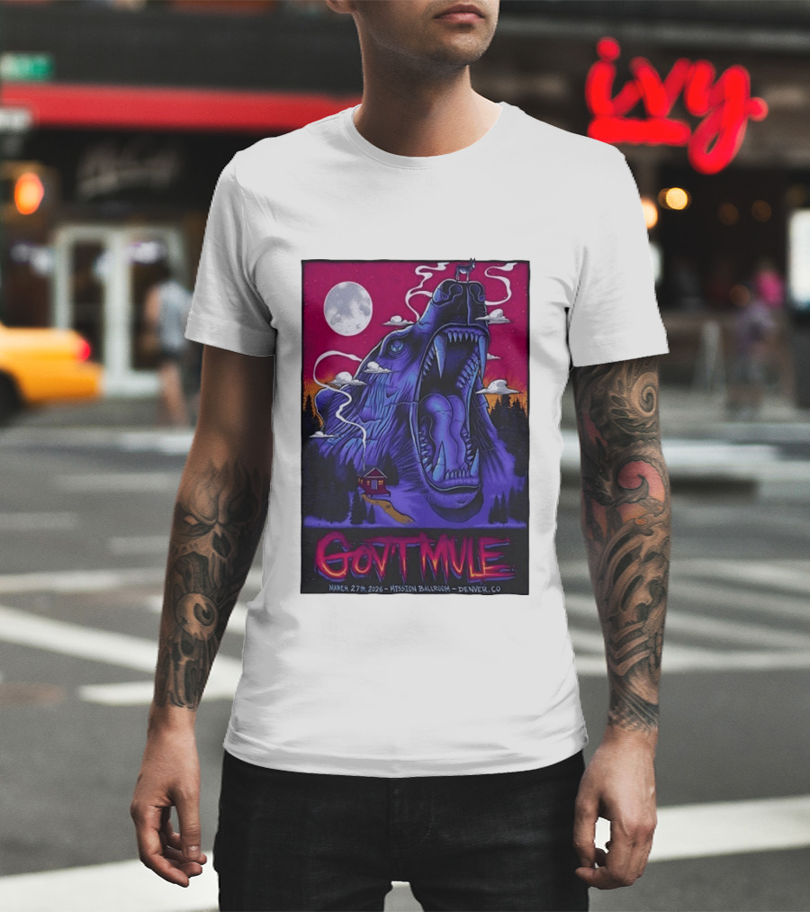 Govt Mule Mission Ballroom Denver March 27 2026 Mystical Bear And Moon Scene T-Shirt