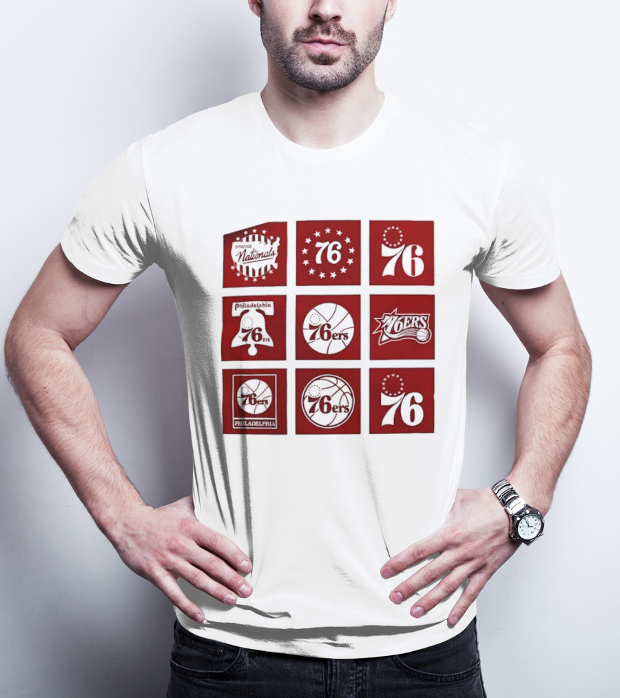 Philadelphia 76ers NBA Team Retro Icons And Number 76 Basketball Squares T-Shirt