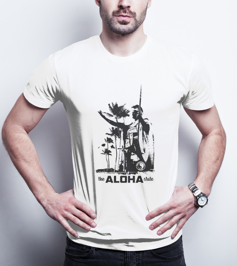 The Aloha State Ka Black White Hawaiian King Statue Palms T-Shirt