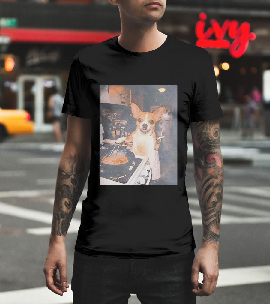 Chihuahua In Apron Cooking While Smoking In Vintage Kitchen Scene T-Shirt