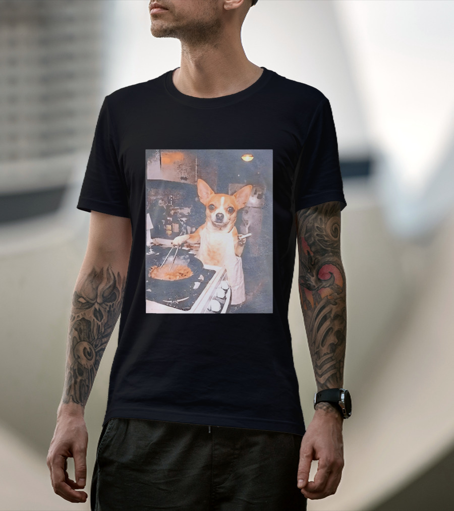 Chihuahua In Apron Cooking While Smoking In Vintage Kitchen Scene T-Shirt