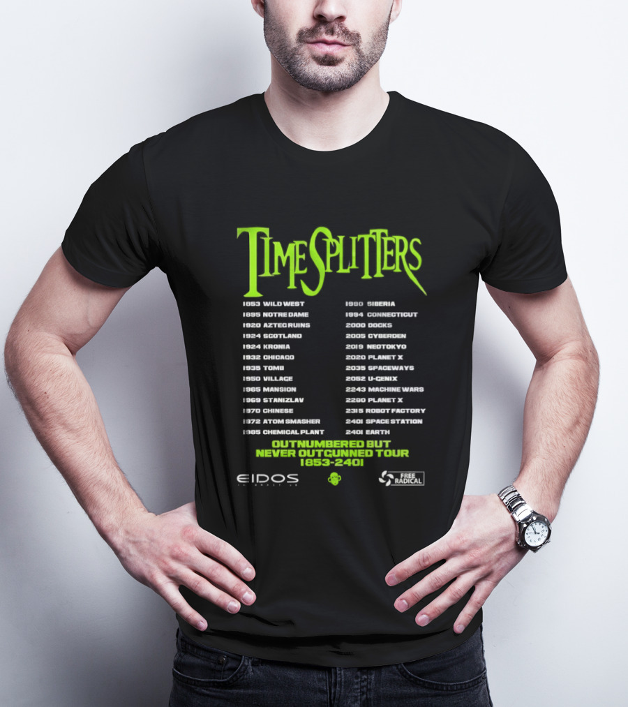 TimeSplitters Eidos Games 1853 2401 World Tour Event Locations List T-Shirt