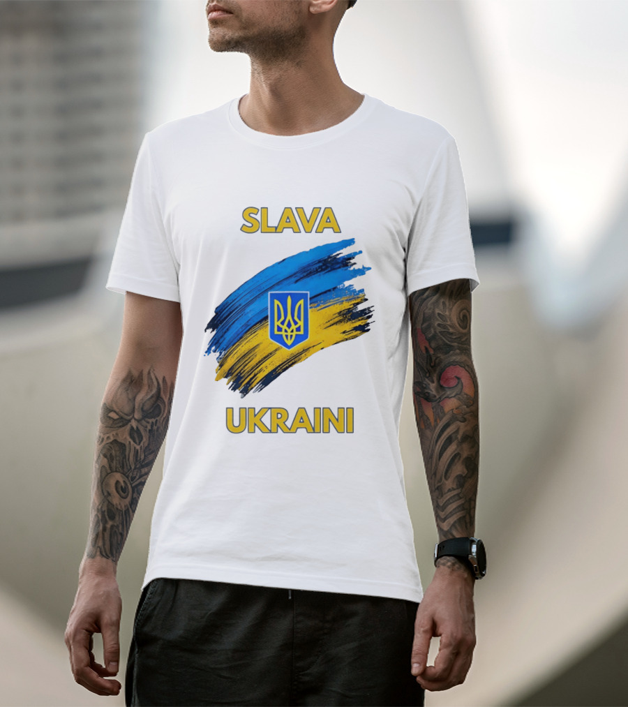 Slava Ukraini Emblem With Blue And Yellow Brush Strokes T-Shirt