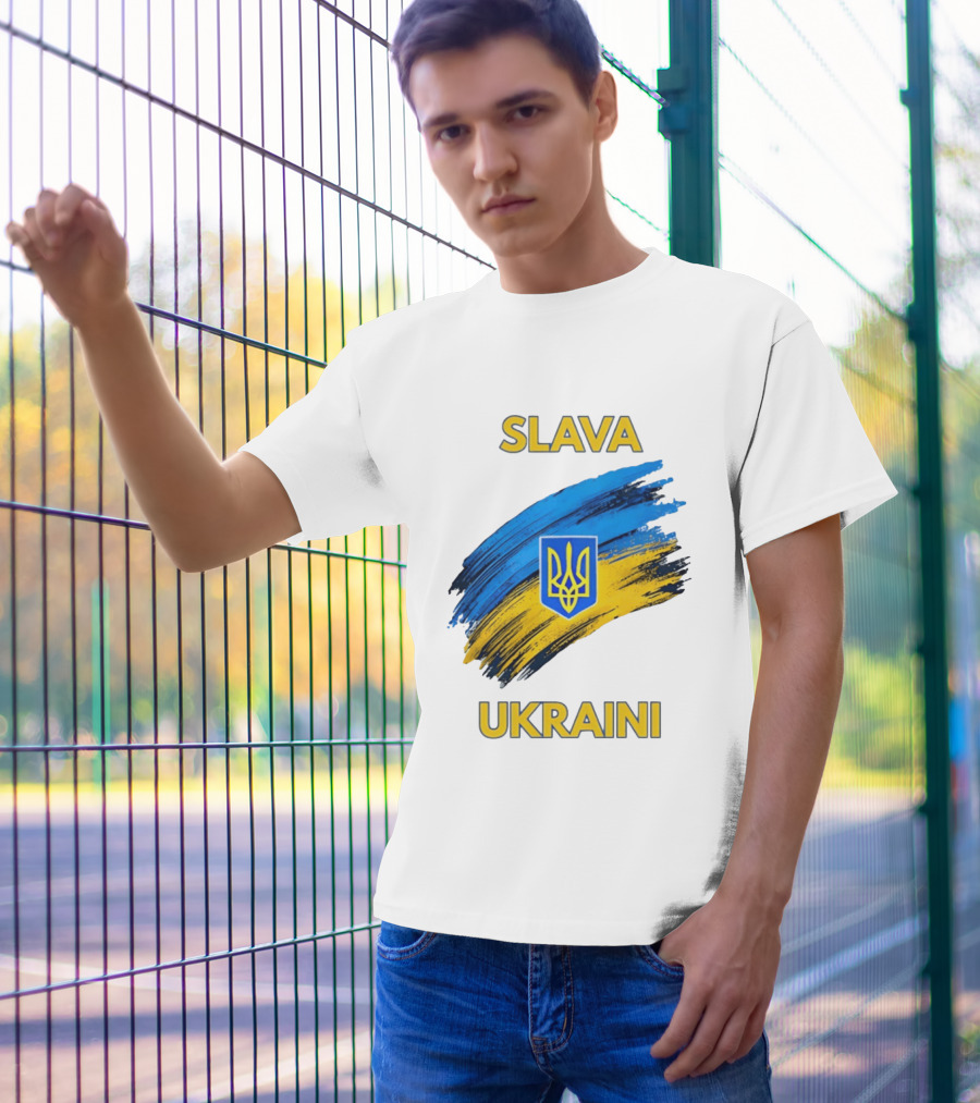 Slava Ukraini Emblem With Blue And Yellow Brush Strokes T-Shirt