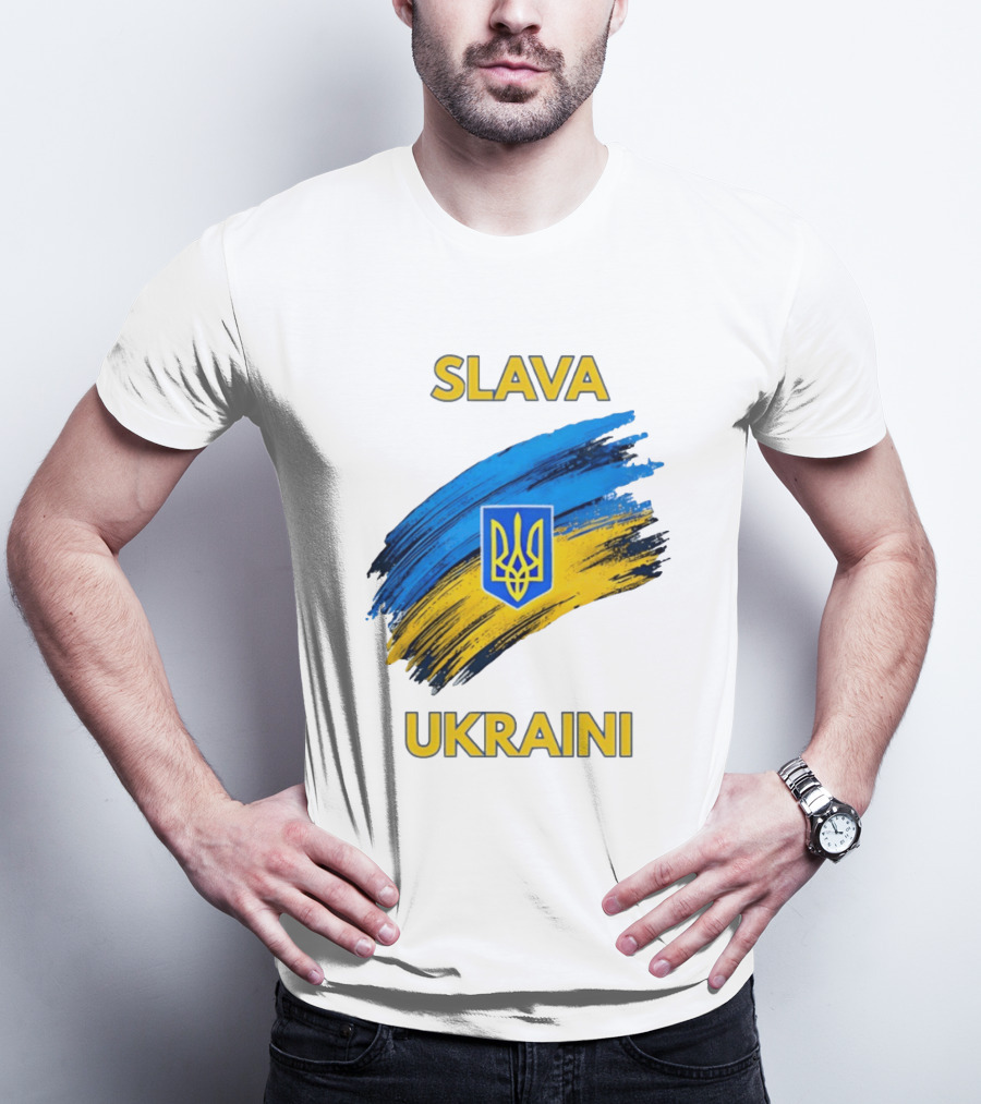 Slava Ukraini Emblem With Blue And Yellow Brush Strokes T-Shirt