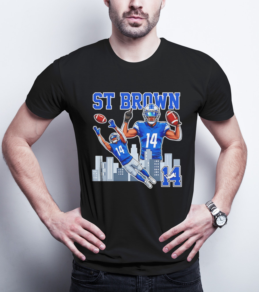 ST Brown 14 Detroit Lions Football City Skyline T-Shirt