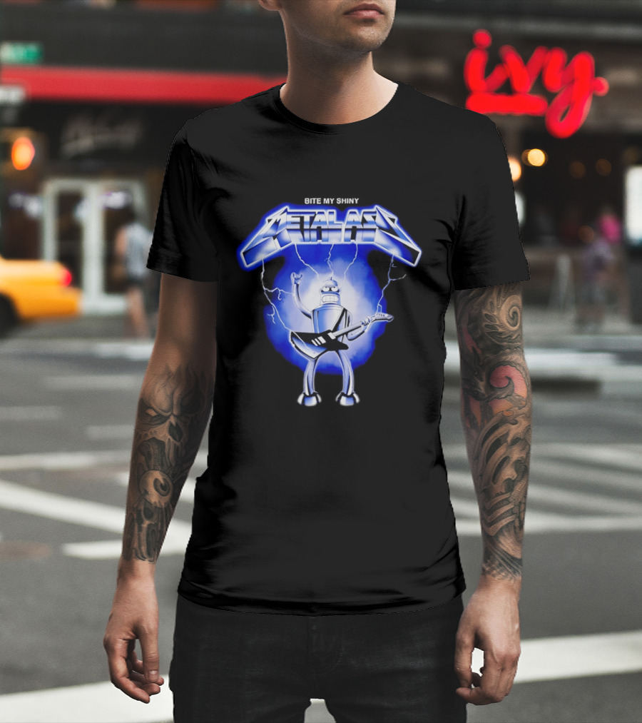 Bite My Shiny Metal Ass Lightning Robot Guitarist T-Shirt