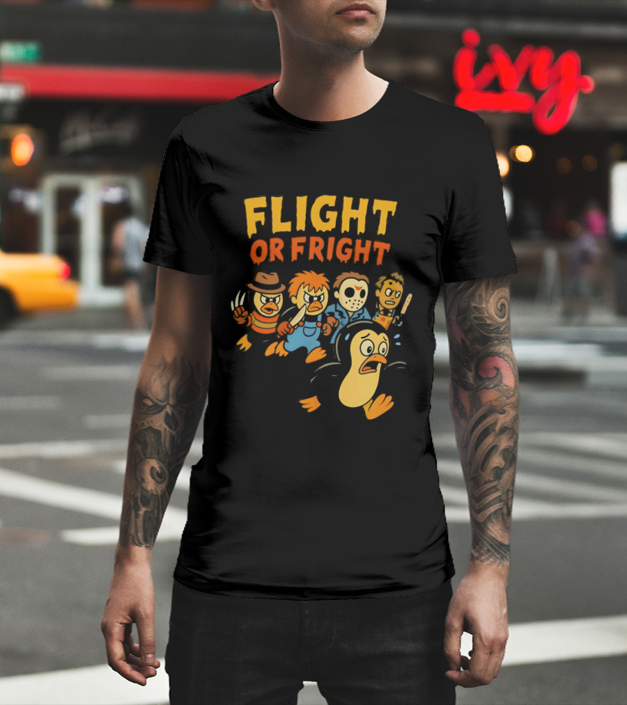 Flight Or Fright Penguin Horror Characters Comedy Mashup T-Shirt