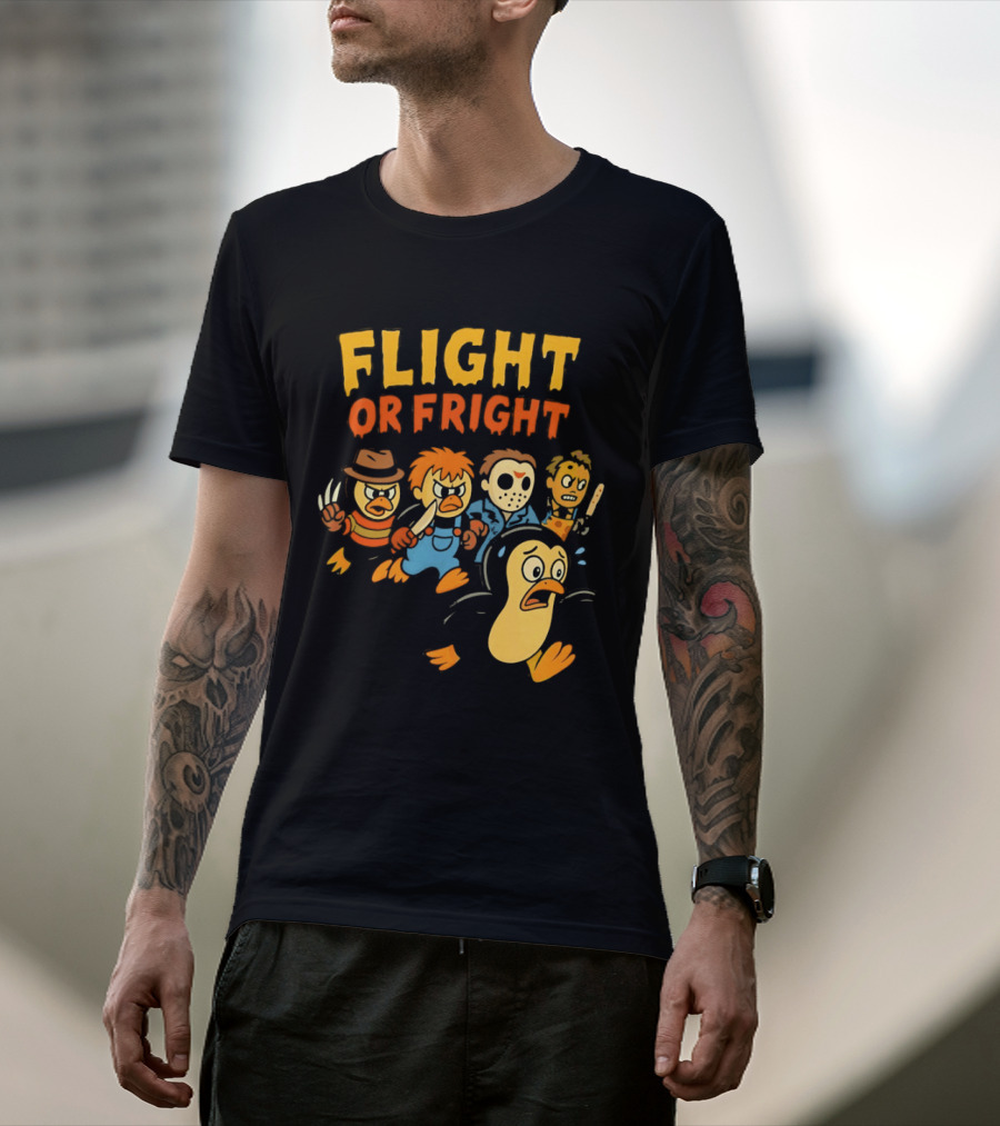 Flight Or Fright Penguin Horror Characters Comedy Mashup T-Shirt