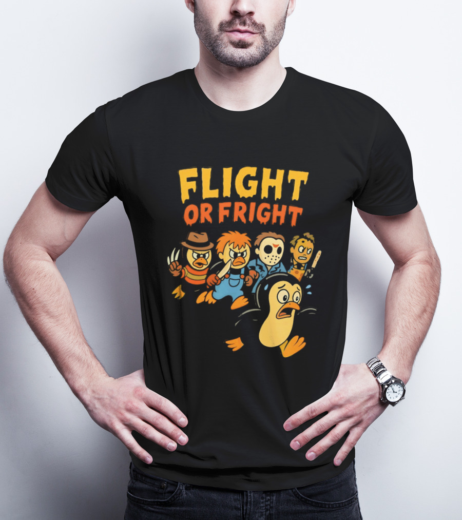 Flight Or Fright Penguin Horror Characters Comedy Mashup T-Shirt