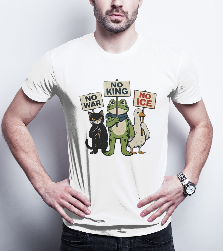 Black Cat Holing No War Frog Holding No King And Goose Holding No ICE Sign T-Shirt