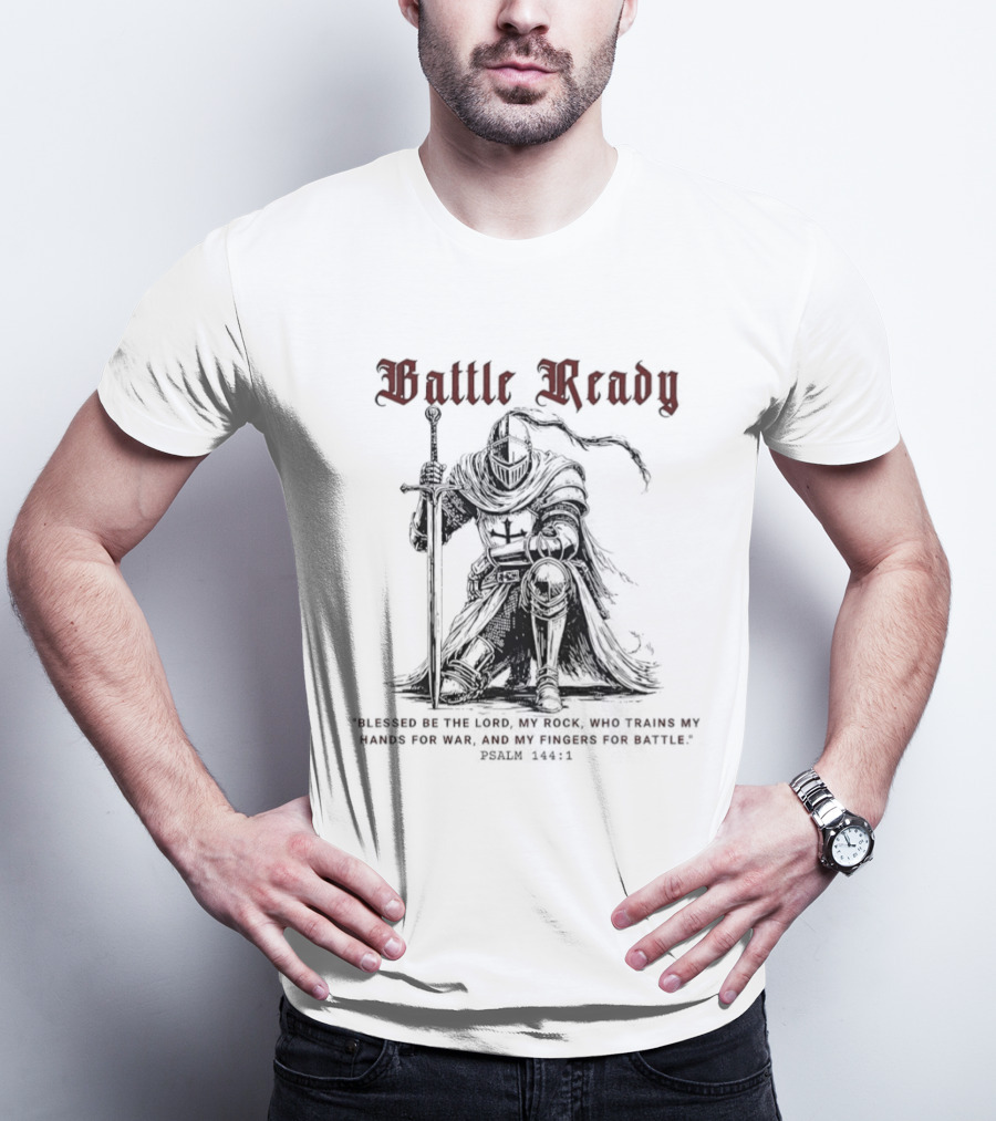Battle Ready Medieval Knight Kneeling Blessed Be The Lord My Rock Psalm 144 1 T-Shirt