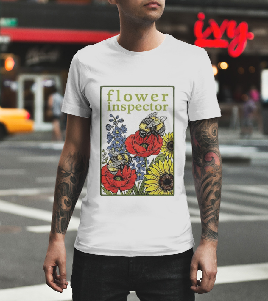 Flower Inspector Bees On Poppy Sunflower Bluebell Blossom T-Shirt