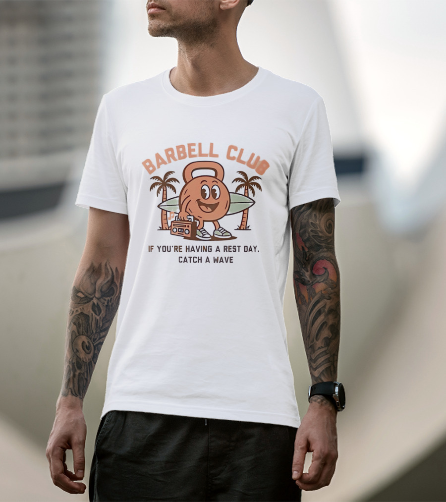 Barbell Club Rest Day Catch A Wave Surfing Palms Retro Kettlebell T-Shirt