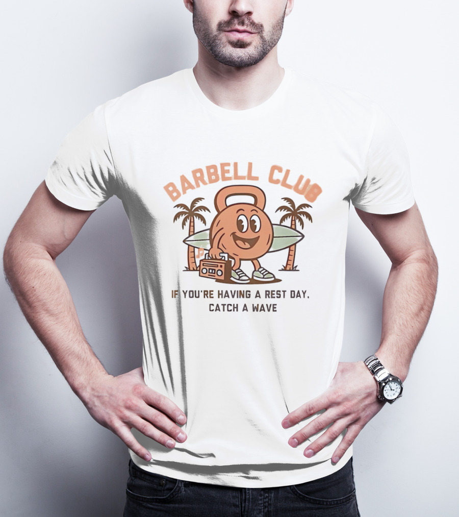 Barbell Club Rest Day Catch A Wave Surfing Palms Retro Kettlebell T-Shirt