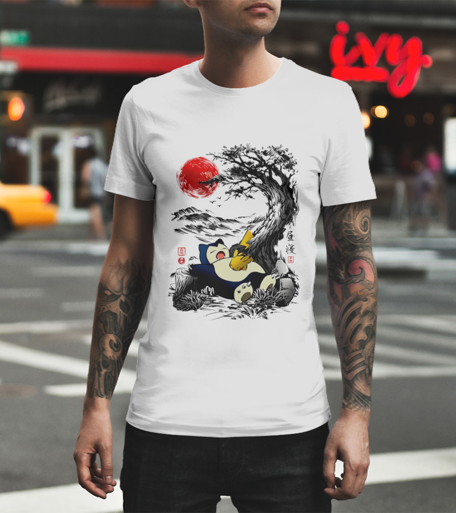 Snorlax Pikachu Napping Under Red Sun Tree T-Shirt