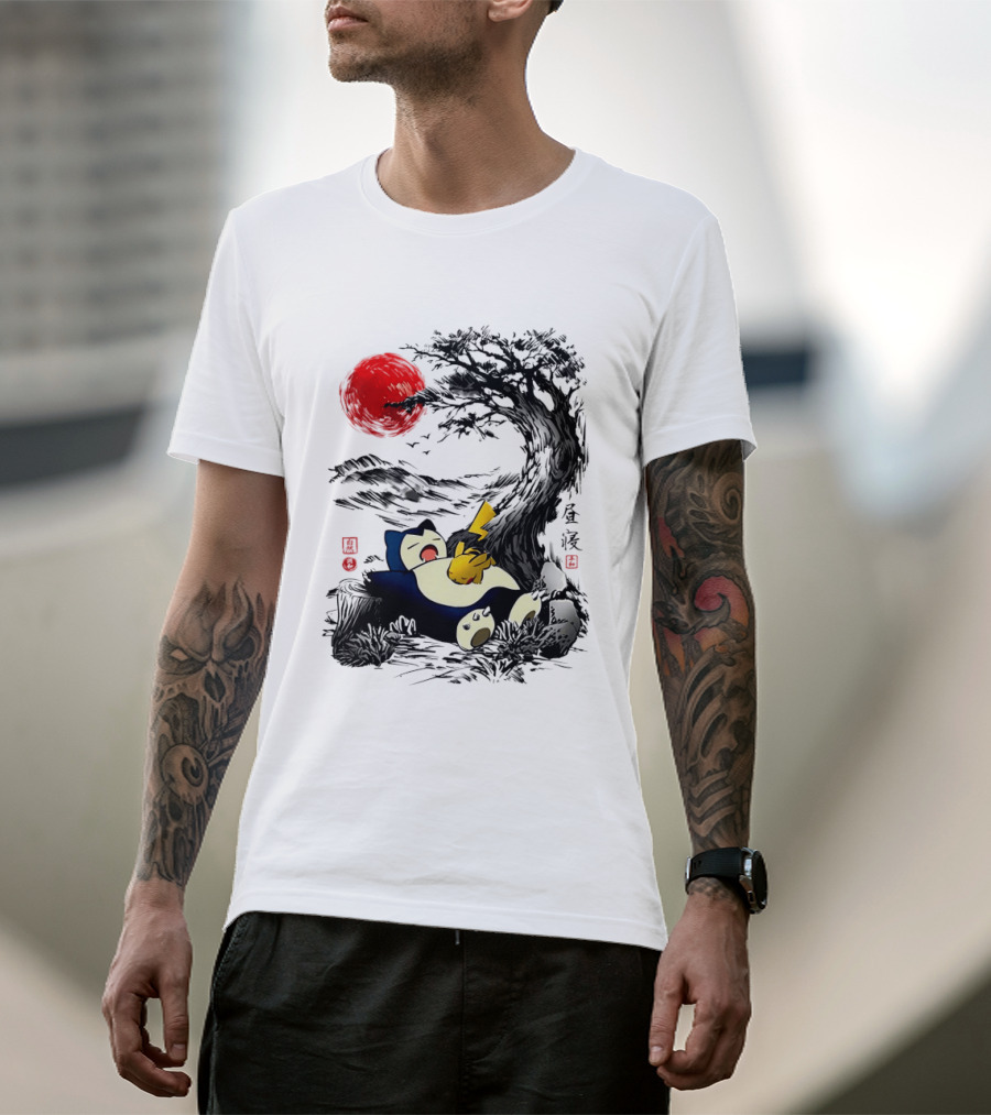 Snorlax Pikachu Napping Under Red Sun Tree T-Shirt