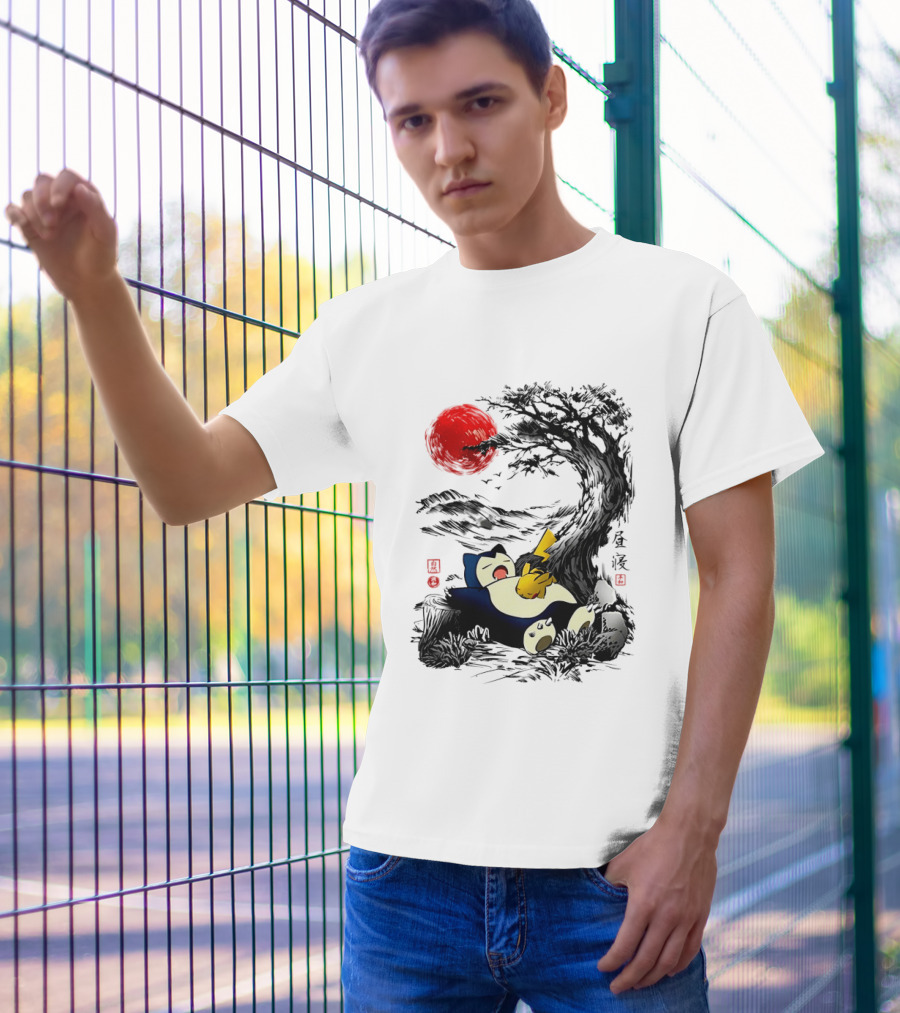 Snorlax Pikachu Napping Under Red Sun Tree T-Shirt