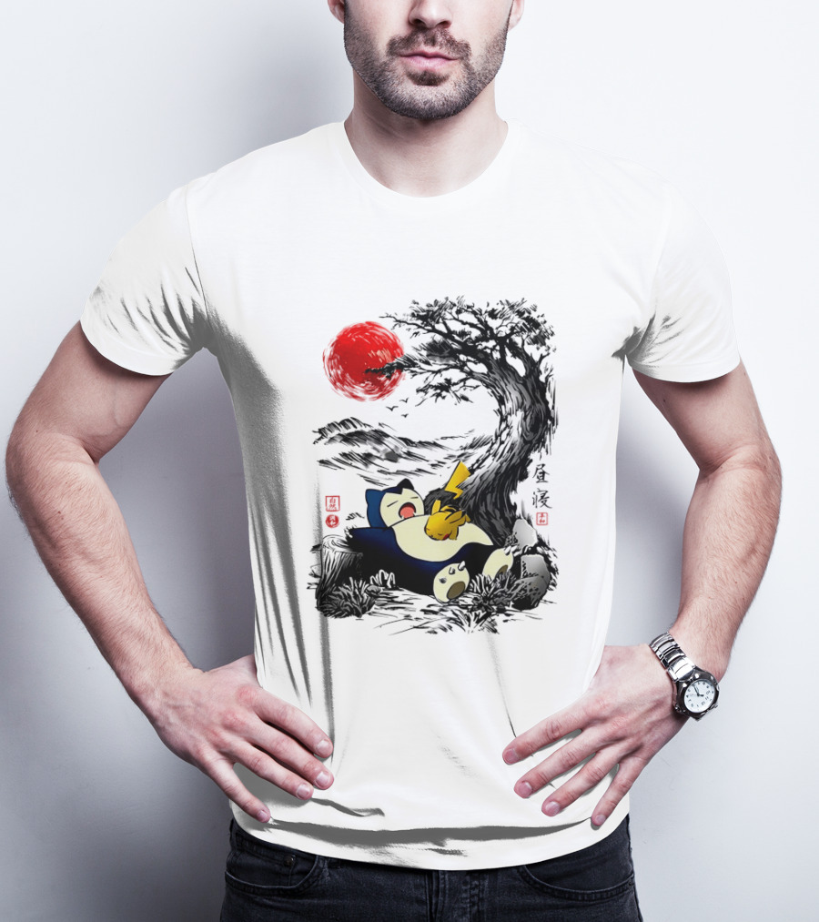 Snorlax Pikachu Napping Under Red Sun Tree T-Shirt