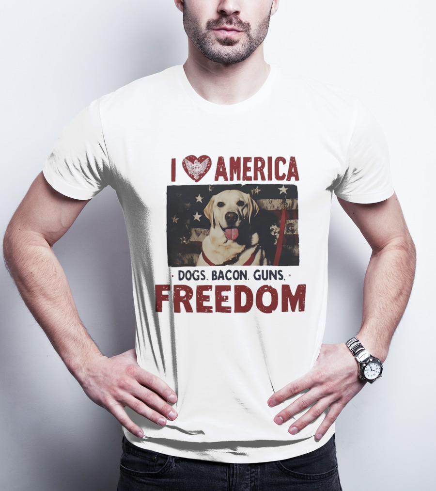 I Love America Dogs Bacon Guns Freedom Labrador Stars And Stripes T-Shirt