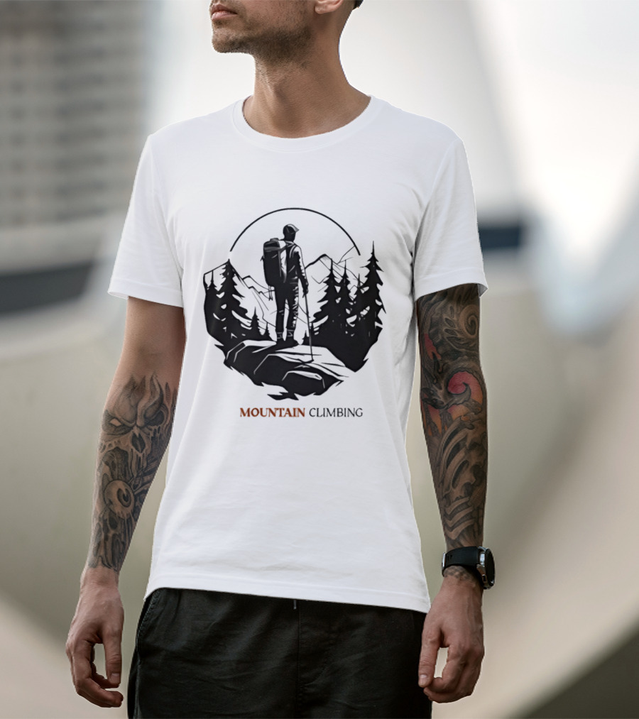 Mountain Climbing Adventure Climber On Cliff Overlooking Mountain And Forest T-Shirt