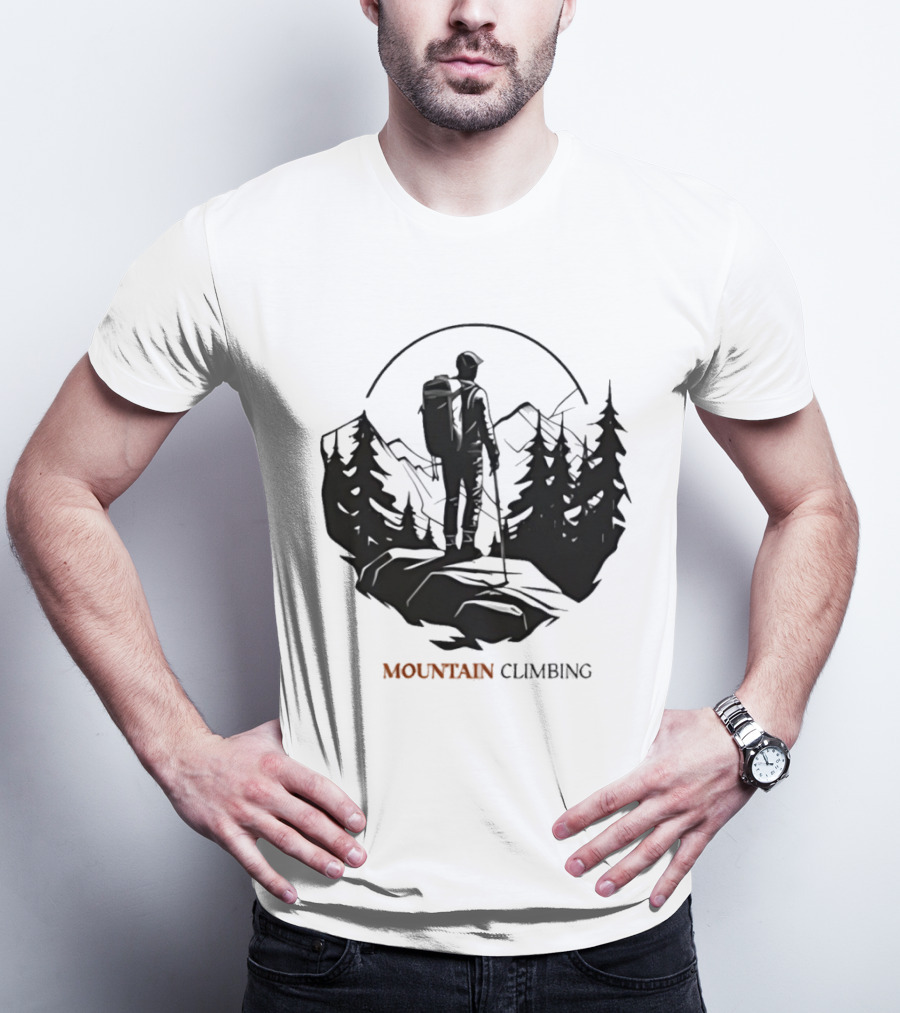 Mountain Climbing Adventure Climber On Cliff Overlooking Mountain And Forest T-Shirt