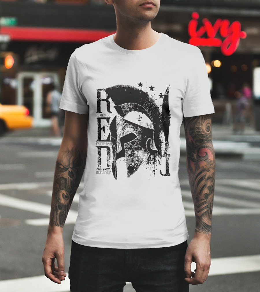 R.E.D. Remember Everyone Deployed Spartan Helmet Stars T-Shirt
