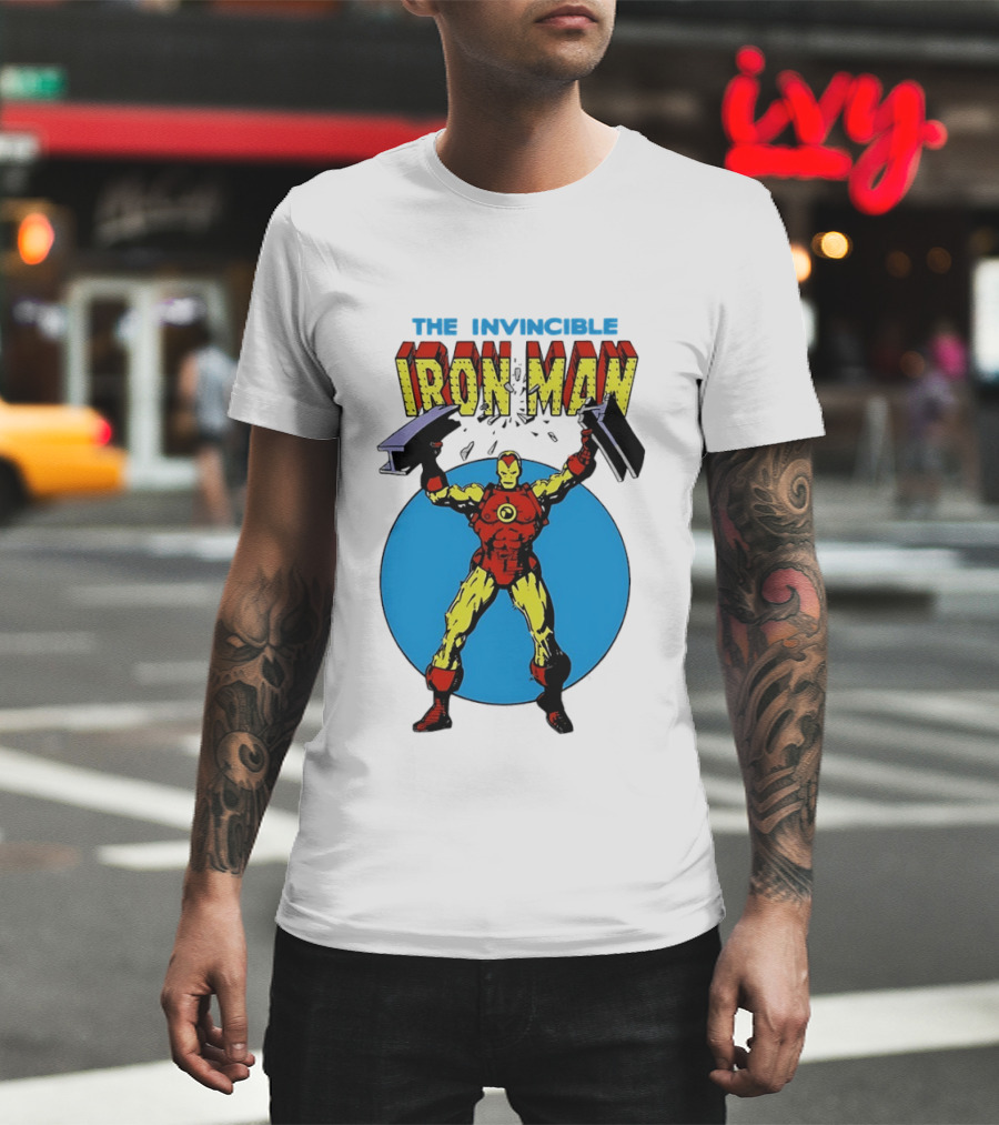The Invincible Iron Man Bending Iron Bar Marvel Comic T-Shirt